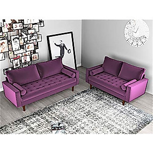 Container Furniture Direct Womble Modern Velvet Upholstered Living Room Diamond Tufted Chesterfield Sofa with Gleaming Nailheads, Purple