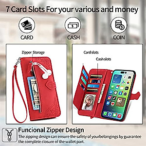 ONV Wallet Case for Oppo A92 / Oppo A72 / Oppo A52 - with Zipper Wrist Strap Emboss Flower Flip Phone Case Card Slot Magnet Leather Shell Flip Stand Cover for Oppo A92 / Oppo A72 / Oppo A52[SZY] -Red