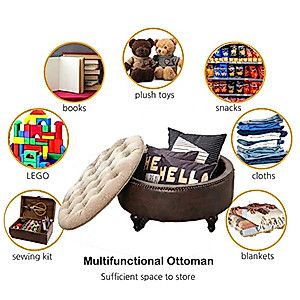 Nathaniel Home Upholstered 30" Round Storage Vegan Leather Ottoman, Leather Button Tufted Ottoman with Fabric Removable Lid, Bench with Wood Legs, Light Brown/Dark Brown