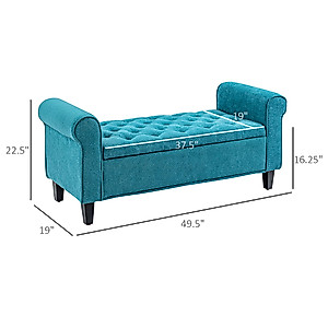 HOMCOM 50" Storage Ottoman Bench, Upholstered End of Bed Bench with Rolled Arms, Wood Legs, Button Tufted Storage Bench with Safety Hinges for Living Room, Entryway, Bedroom, Teal