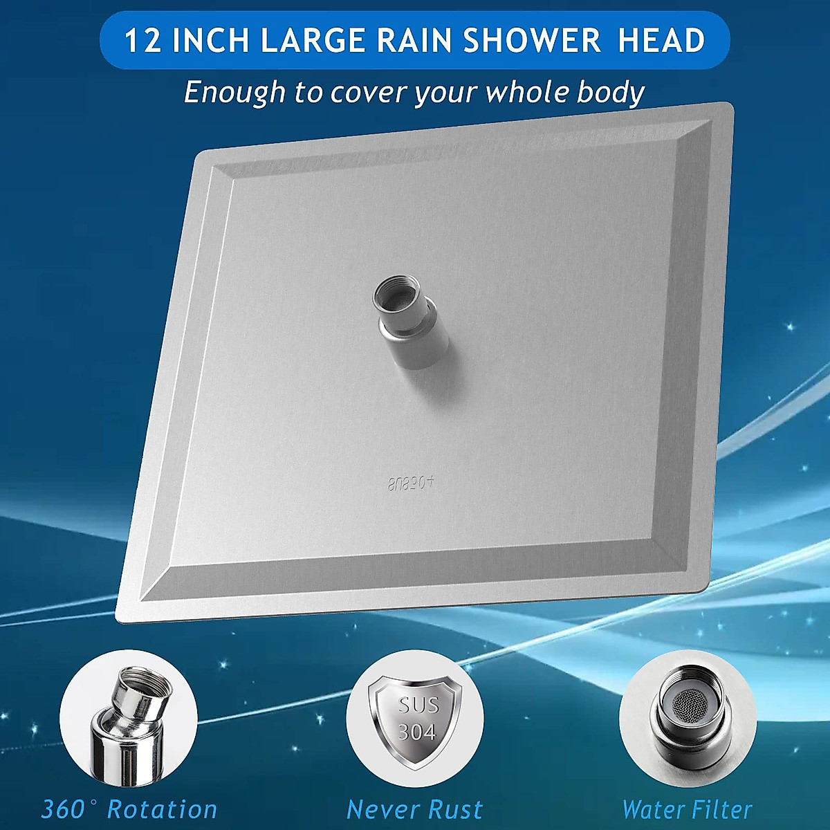 Voolan All Metal Shower Head with Extension Arm, Stainless Steel Waterfall Rainfall Showerheads, High Flow Bathroom Square Rain Shower Head (12’’ Shower Head with 16’’ Shower Arm, Brushed Nickel)