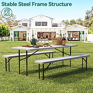 YITAHOME 6FT Large Folding Picnic Table w/Easy Assembly Steel Frame & Wood Like Tabletop, All Weather Folding Picnic Tables with benches Ideal for Yard Patio Lawn Party, White