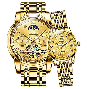 OLEVS Gold Couple Automatic Watches for Men and Women His and Hers Watch Set Gifts Mechanical Self-Winding Tourbillon Big Face Dress Wrist Watch with Day Date Calendar Golden