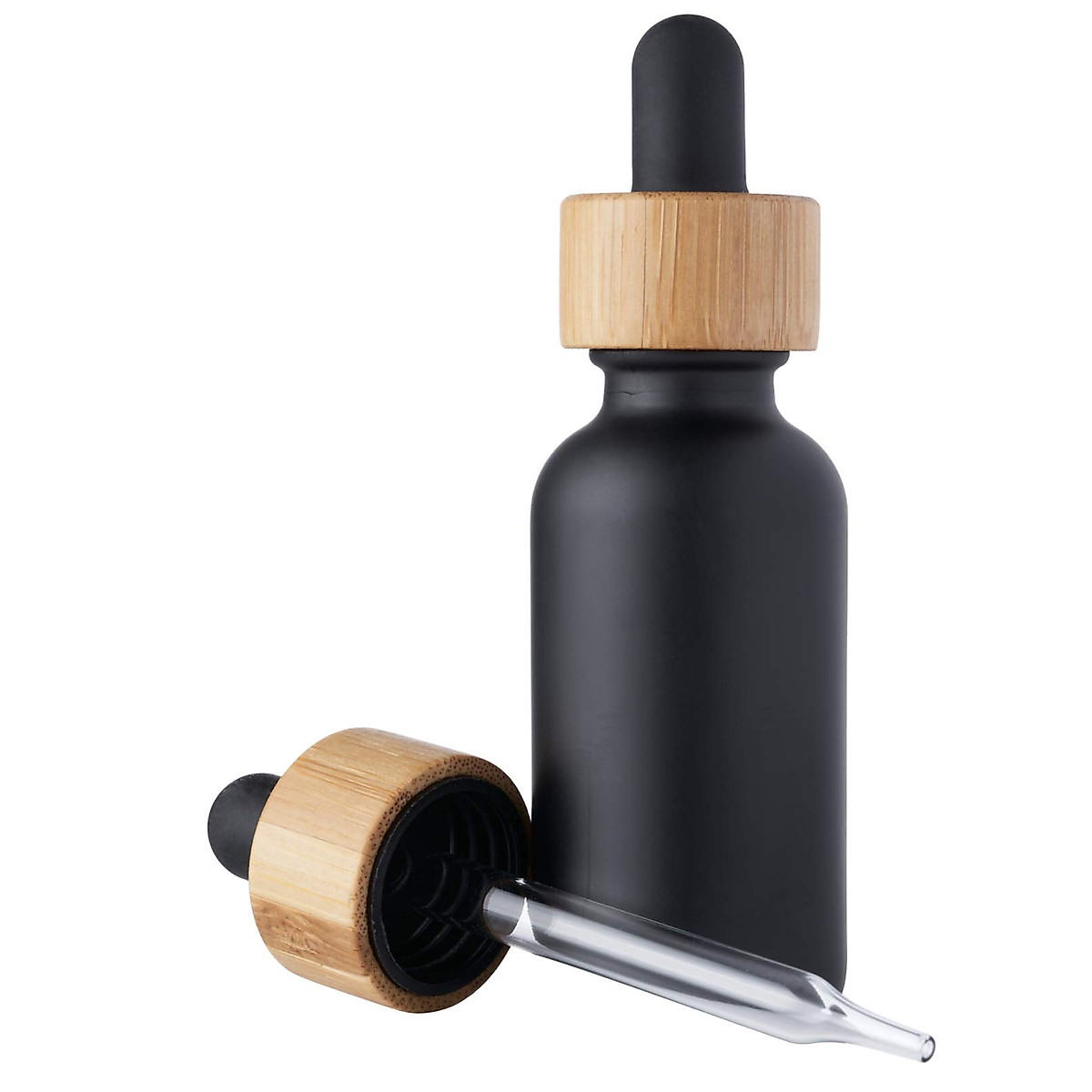 Focus Nutrition 12 Pack Black Coated Boston Round Essential Oils Aromatherapy Glass Bottles Jar With Bamboo dropper cap, 1oz