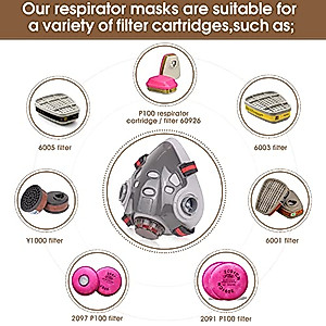 Reusable Respirator Half Facepiece Cover w/Safety Goggles & Filters Against Dust Vapors Gas Pollen Chemicals Suitable for Painting Spraying Sanding Welding Woodworking Epoxy Resin & Other Protection