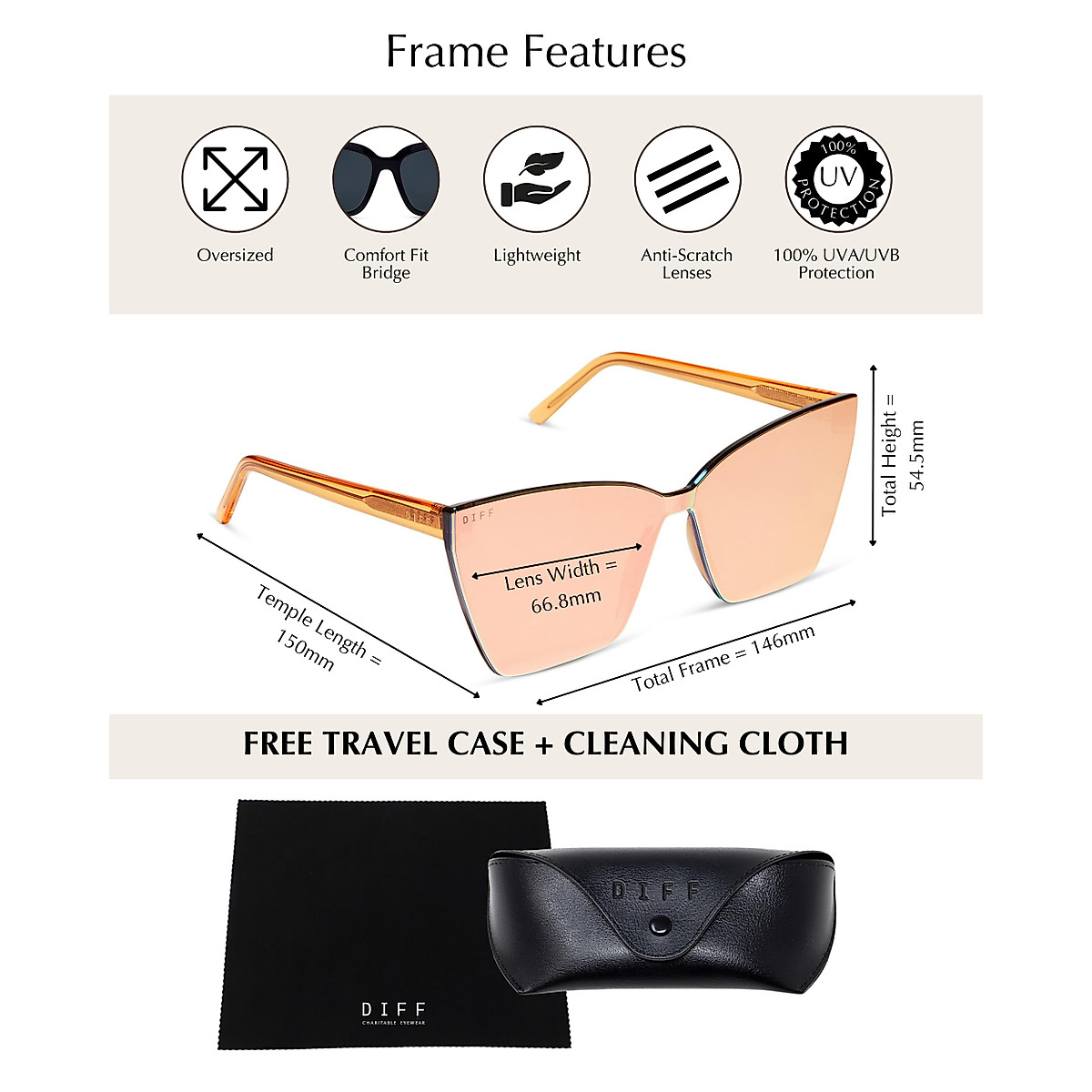 DIFF Goldie Oversized Rimless Cat Eye Sunglasses for Women UV400 Protection, Apricot Crystal + Peach Mirror