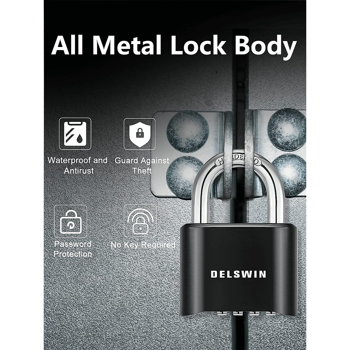 DELSWIN 4-Digit Combination Lock Outdoor Padlock - Heavy Duty Locker Lock with Hardened Steel Shackle, Waterproof Combo Lock for Gym Locker, Hasp Storage, Shed, Fence, Gate (Black,1Pcs)