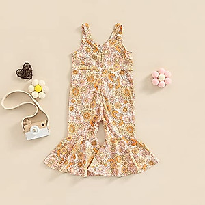 ZyHwShine Girls Flare Outfits One Piece Flower Print Strap Jumpsuit Overalls Bell-Bottoms Leggings Pants Toddler Hippie Outfits (Flower A, 18-24 Months)
