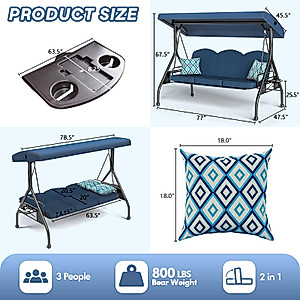 ZZW 3 Seat Outdoor Porch Patio Swing 800lbs 2-in-1 Patio Swing Glider Chair with Adjustable Canopy & Removable Cushion Outdoor Adult Swing with Stand for Yard Porch Garden Deck (Blue, Square Tube)