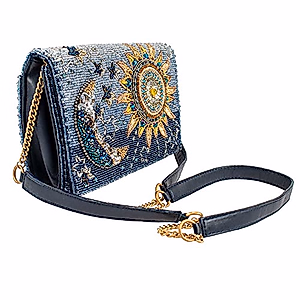Mary Frances Solar System Beaded Sun and Moon Crossbody Clutch Handbag, Blue