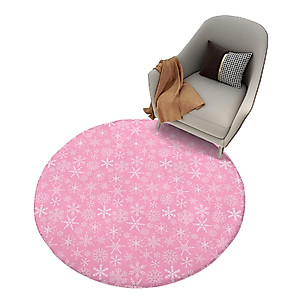 Pink Christmas Fluffy Round Area Rug Carpets 4ft, Plush Shaggy Carpet Soft Circular Rugs, Non-Slip Fuzzy Accent Floor Mat for Living Room Bedroom Nursery Home Decor Winter Fantasy Snowflake