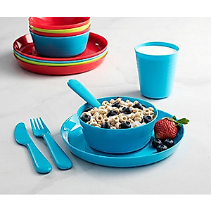 PLASKIDY Kids Plastic Dinnerware Set - 36 Pc Reusable Children's Dinner Set Microwave/Dishwasher Safe BPA Free Toddler Dishes Dinnerware Set Includes Kids Plates and Bowls Kids Cups & Flatware.