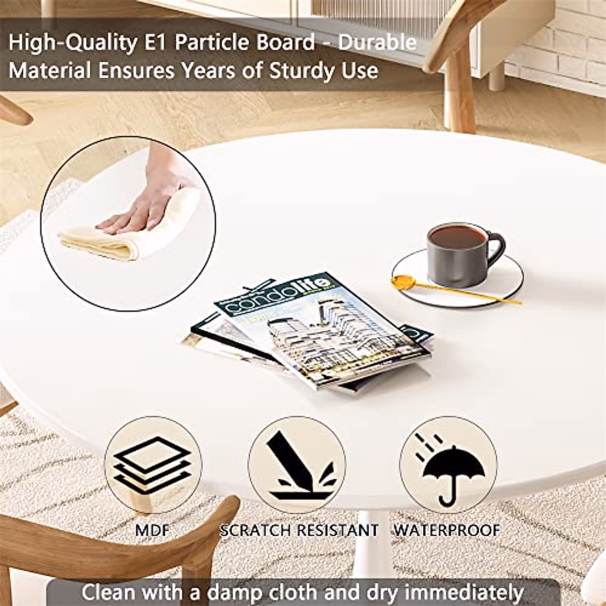 Recaceik Modern Round Dining Table, 42.1'' Tulip Table with MDF Table Top & Metal Pedestal Base for Dining Room Living Room Cafe w/ 0.71” Thickened Tabletop for 4-6 People, White