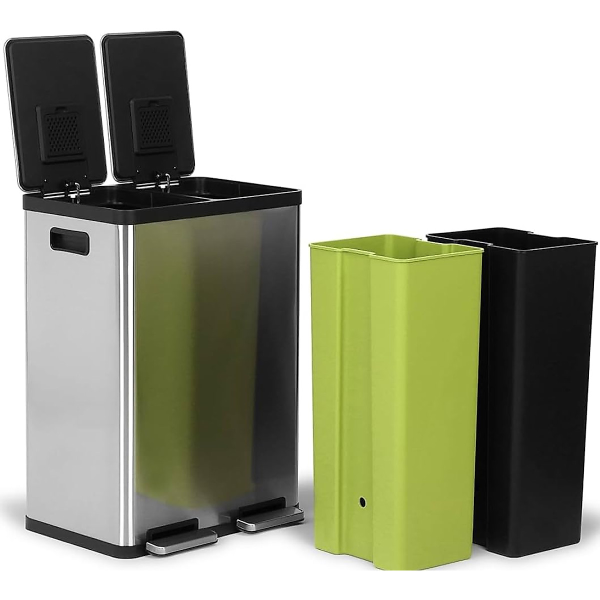 SIMPLI-MAGIC 60 Liter / 16 Gallon Rectangular Hands-Free Dual Compartment Recycling Kitchen Step Trash Can with Soft-Close Lid, Brushed Stainless Steel (30L x 30L Capacity)