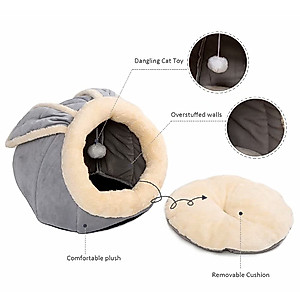 Beds for Indoor Cats - Small Dog Bed with Anti-Slip Bottom, Rabbit-Shaped Cat/Dog Cave with Hanging Toy, Puppy Bed with Removable Cotton Pad, Super Soft Calming Pet Sofa (Grey Medium)