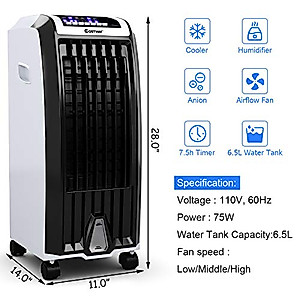 Nightcore Air Cooler, Portable Air Cooler with 3 Different Wind Speed, Bladeless Electric Fan, Humidifier with Remote Control, 7.5-Hour Timer, Office, black + white (Air Conditioners)