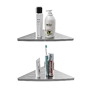 Qeke Corner Shower Shelf Brushed Nickel, 304 Stainless Steel 11.5” Recessed Corner Shelf Bathroom for Tiled Wall, Floating Shower Shelves Shampoo Holder, No Drilling, 2 Pack