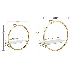 Kate and Laurel Wicks Modern Glam Floating Wall Shelf Set of 2 | Round Gold Metal Frame with White Painted Solid Wood Shelf Boards