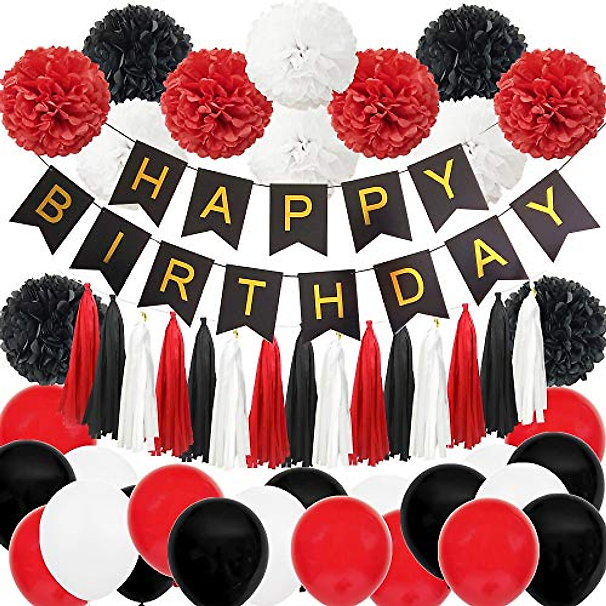 InBy 49pcs Red and Black Birthday Party Decoration Kit for Women Girl Happy Birthday Banner 10" Tissue Paper Flower Pom Pom Tassel Latex Balloon Garland Mickey Mouse Pirate Theme Birthday Party Supply