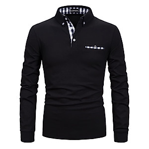 LUJENGEFA Mens Polo Shirts Long Sleeve Casual Plaid Collar Golf Shirt for Men Slim Fit Cotton Polo T Shirts Top B-Black Large