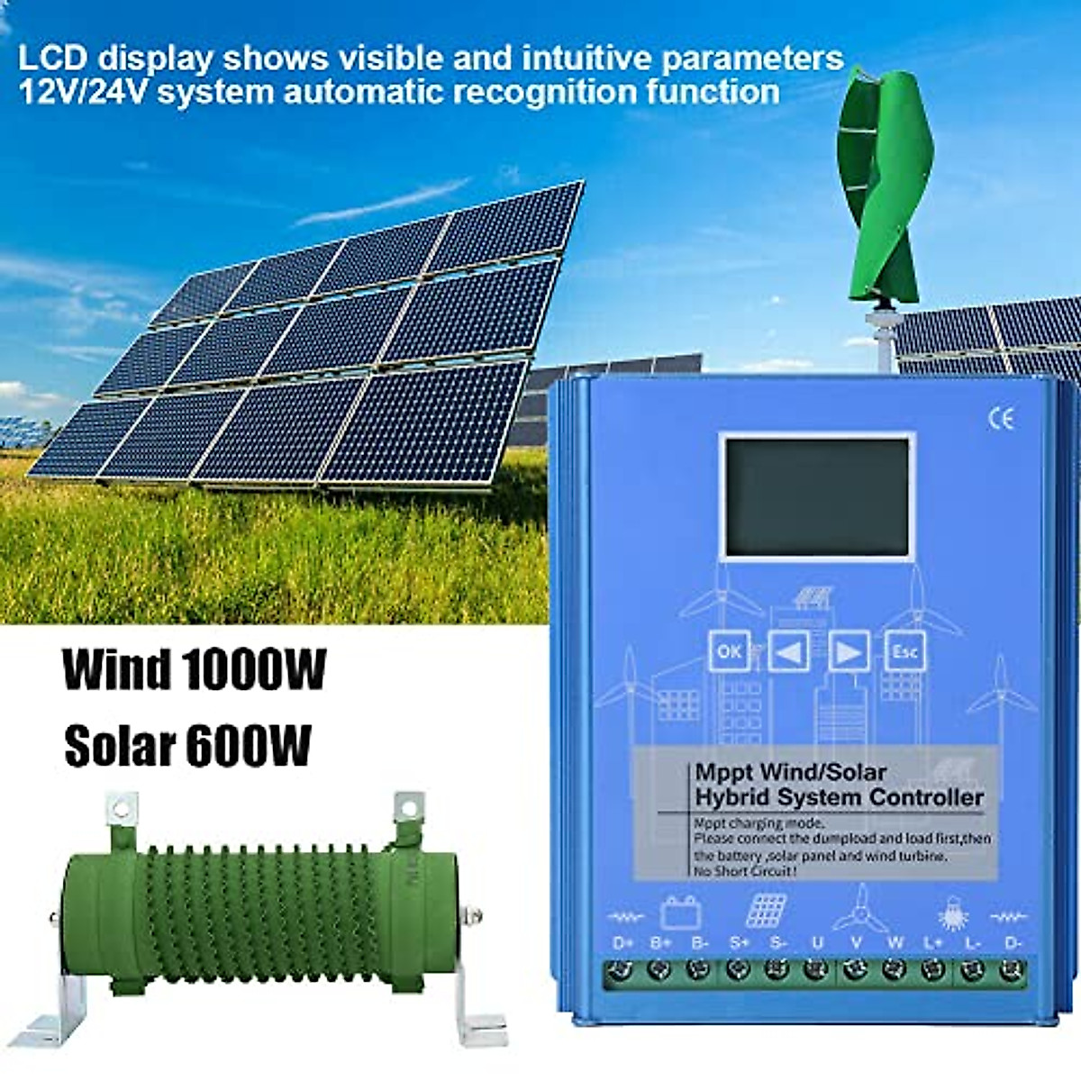 FLTXNY POWER 1600W Wind Solar Hybrid Charge Controller with Dump Load for max 1000W Wind Turbine Generator 600W Solar Panel 12V 24V Battery Auto MPPT Charge Boost Charging Regulator Off Grid System