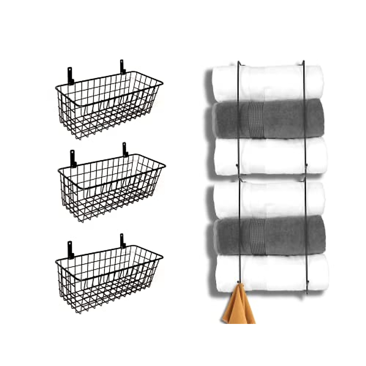 2 Set Towel Rack Holder, Wall Mounted Metal Towel Shelf with Hooks，3 Set Hanging Wire Baskets,Wall Mount Fruit Basket,No Drilling