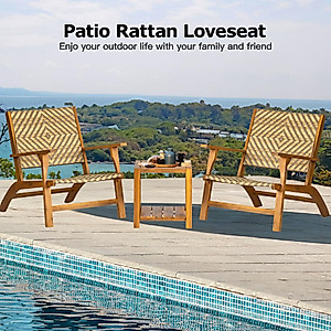Panana 3 Pieces Patio Furniture Set Acacia Wood Side Table and PE Rattan Wicker Bistro Set Wooden Chairs for Outdoor, Deck, Porch, Poolside, Balcony