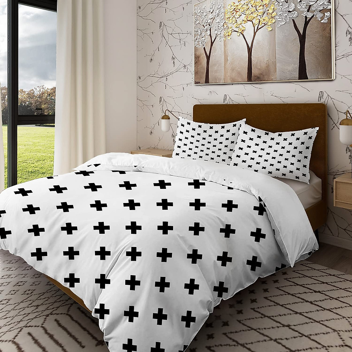 Batmerry Black White Geometric King Size 3 Pieces Bedding Comforter Cover Sets,Soft Fluffy Fashion Prints Monochrome Cross Pattern Printed Duvet Cover for All Season