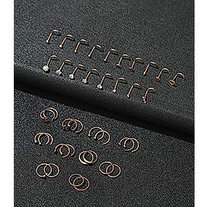 Tornito 20G 38Pcs Stainless Steel Nose Screw Studs Rings CZ Hoop Tragus Cartilage Nose Ring Labret Nose Piercing Jewelry for Men Women (A02:38Pcs, Rose Gold Tone)