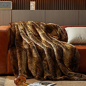 HOMFINE Luxury Faux Fur Blanket - Super Thick Warm Long Fluff Fuzzy Throw Blanket for Bed, Sofa, Couch, Home Decor with Soft Cozy Plush Velvet Back, 60"x80", Deluxe Brown