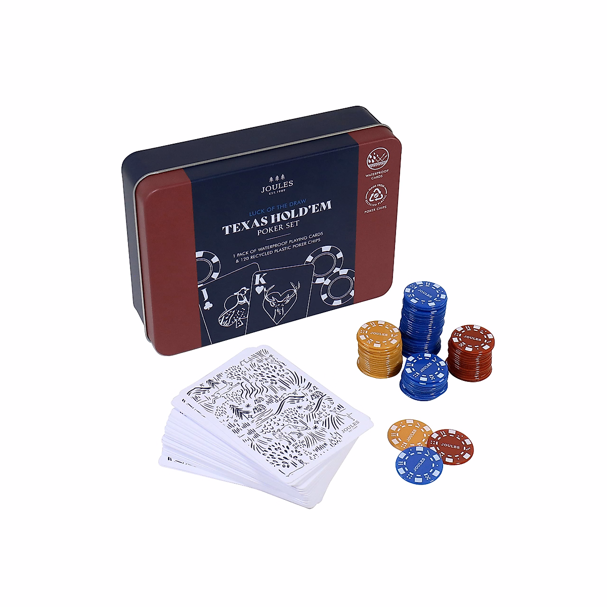Joules Texas Hold'em Travel Poker Set in Keepsake Tin Includes Pack of 52 Waterproof Playing Cards and 120 Recycled Plastic Poker Chips