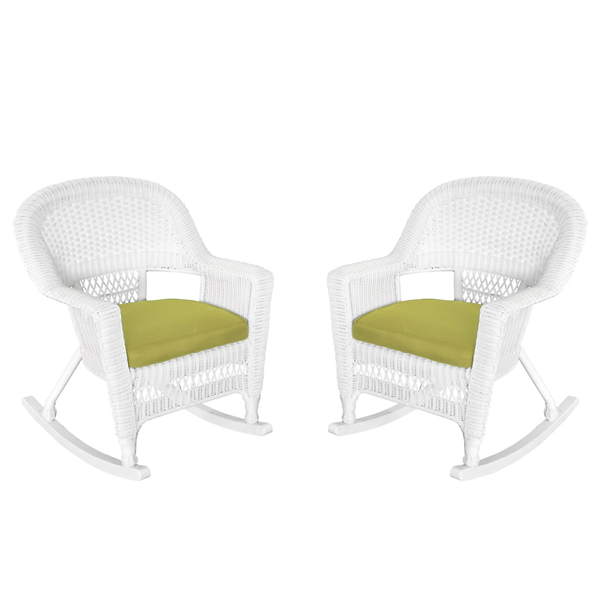 Jeco Rocker Wicker Chair with Green Cushion, Set of 2, White