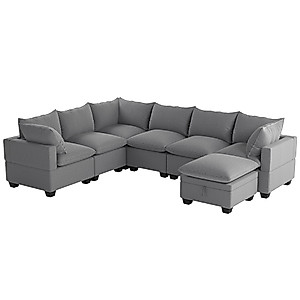 KIVENJAJA Oversized Modular Sectional Couch, Linen Fabric 7 Seater U Shaped Sofa Set with Storage Ottoman & Loose Back Cushions, Living Room Furniture Set, 118”W, Grey