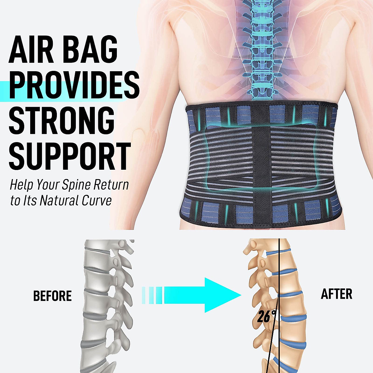 FEATOL Back Brace with Inflatable Pad for Men Women Lower Back Pain Relief, Heavy Lifting,Scoliosis and Herniated Disc Breathable Back Support Belt L/XL fits 29"-37“