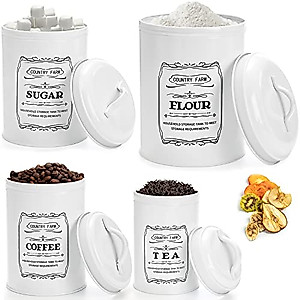 Yarlung Set of 4 Kitchen Canisters with Airtight Lids, Coffee Tea Sugar Flour Metal Tin Jars Nesting Food Storage Container Set for Farmhouse Decor, Countertop Pantry Organizer, 4 Sizes White