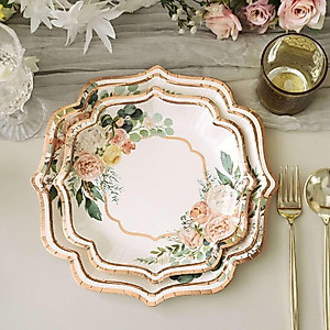 Tableclothsfactory 25 Pack | Floral 8" Scallop Rim Dessert Appetizer Party Paper Plates, Disposable Salad Plates - 300 GSM