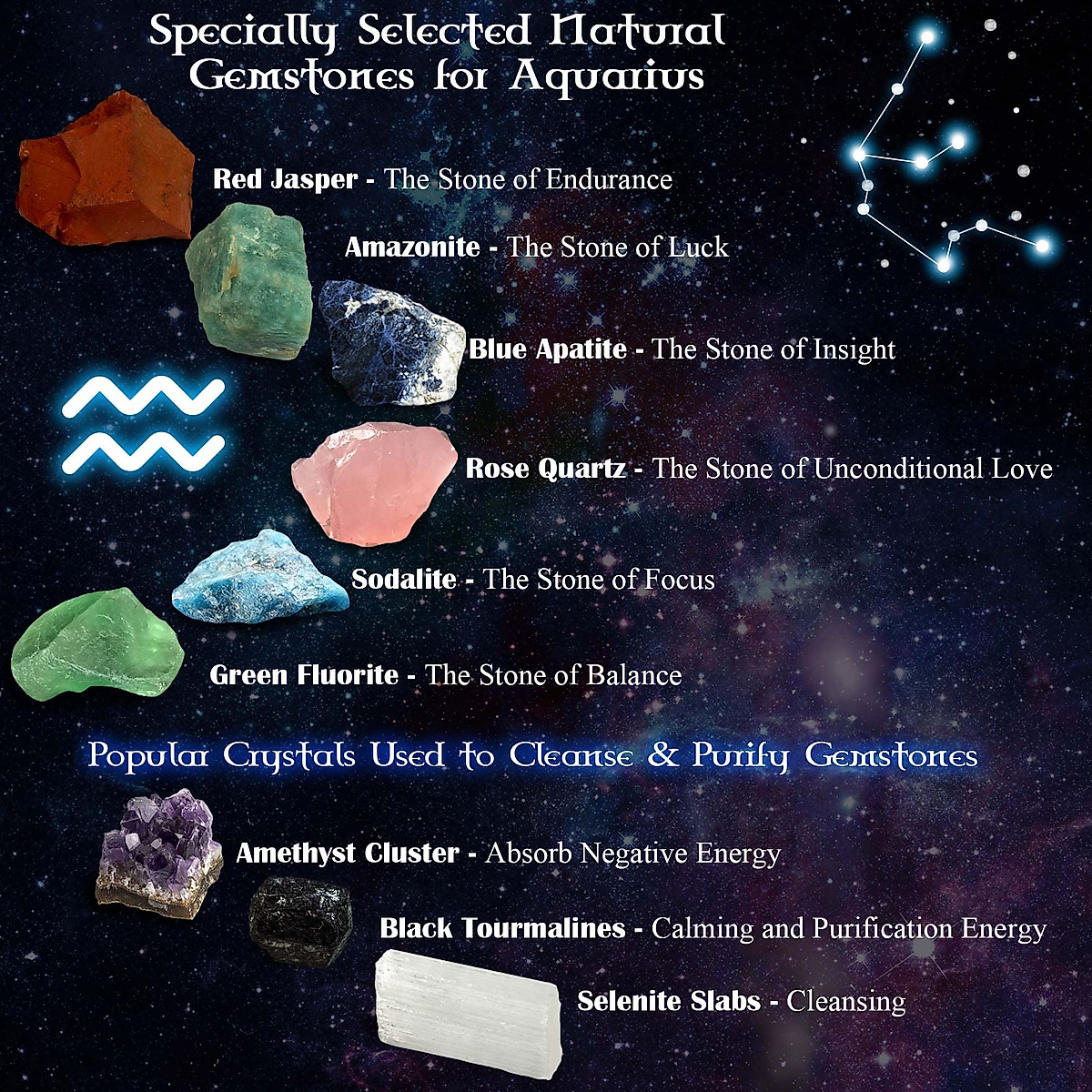 Aquarius Crystals and Healing Stones Set, 14pcs Zodiac Aquarius Gifts for Women Birthstone Charms, Chakra Gemstones Real Crystals Set for Spiritual Astrology Decor Horoscope Birthday Gift Kit