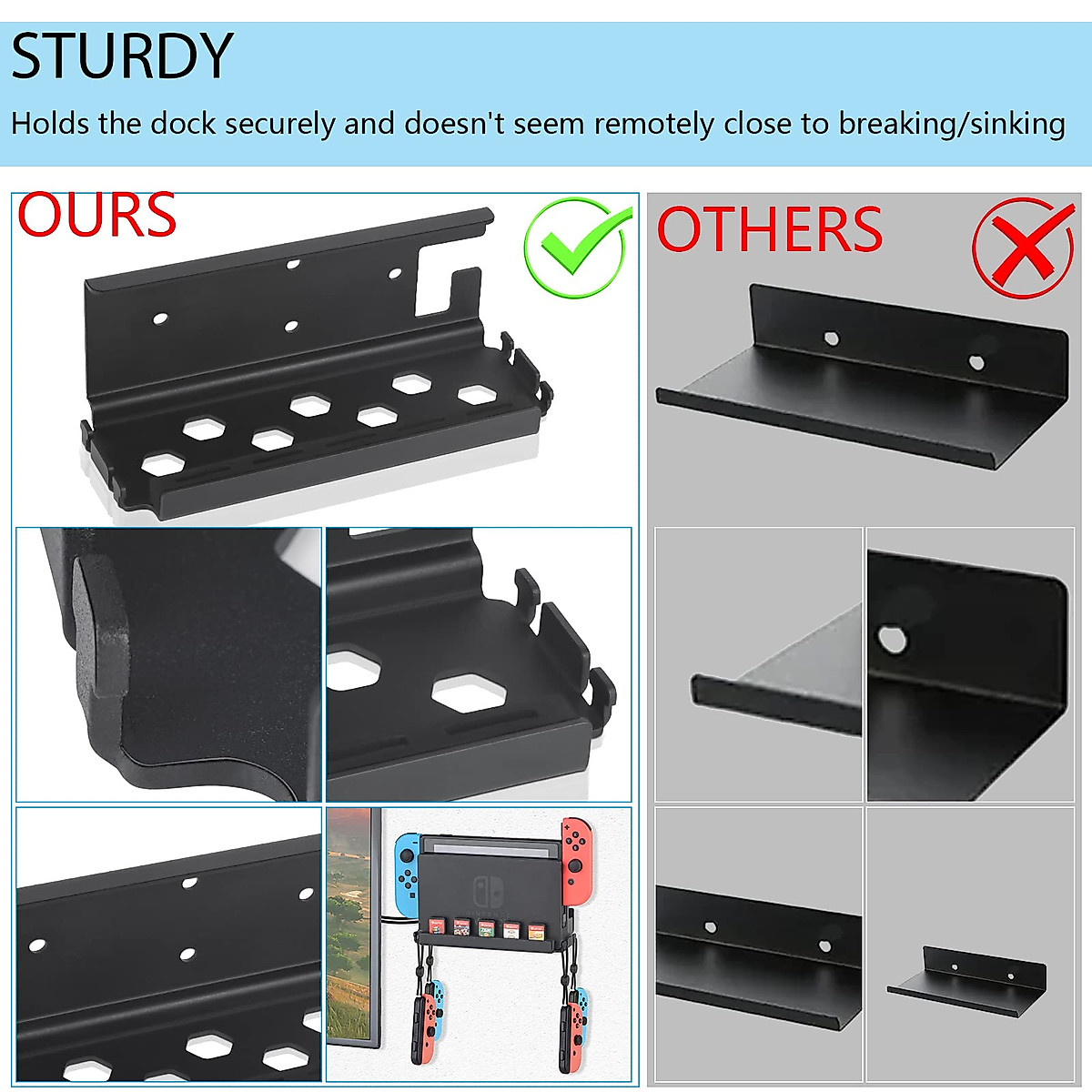 Gooditour Switch Wall Mount Holder - Wall Mount Shelf Stand for Nintendo Switch and Switch OLED with 5 Game Card Holders and 4 Joy Con Hanger - Safely Store Your Switch Console Near or Behind TV