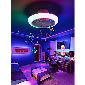 Bluetooth Ceiling Fan with Light and Speaker LED Color Enclosed Bladeless Low Profile Ceiling Fan With Light and Remote Control , Modern White Flush Mount RGB Ceiling Fan for Bedroom Dining Kids Room