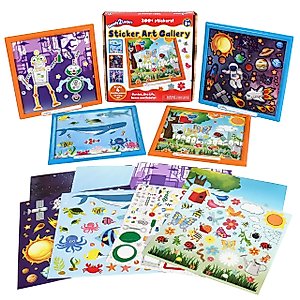 READY 2 LEARN Sticker Art Gallery - Craft Kit for Ages 3-5 - 200+ Stickers - 4 Backgrounds with Frames - Create Sea Life, Space, Robots, Garden Scenes