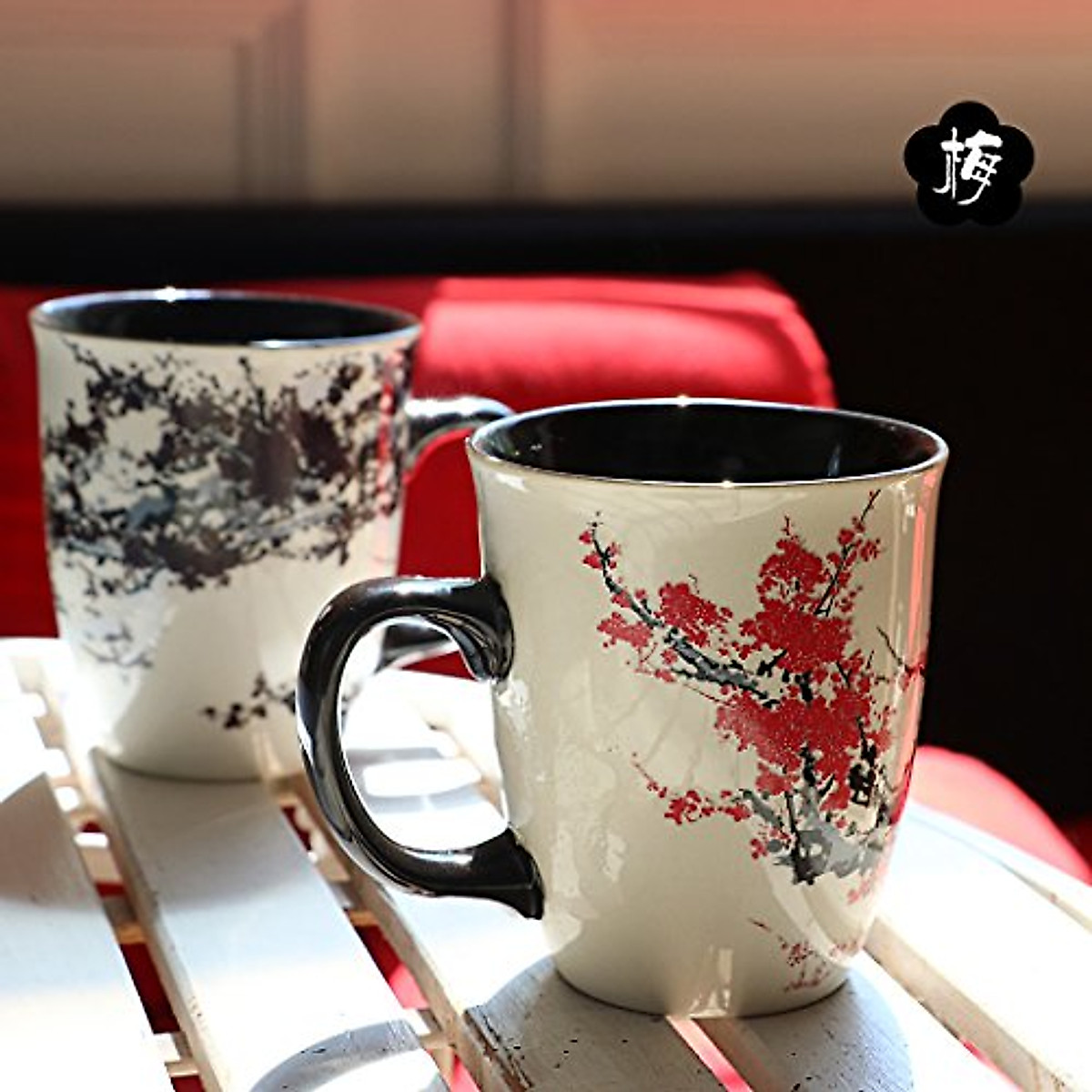 Asmwo Color Changing Heat Sensitive Magic Funny Art Mug Large Coffee Tea Plum Blossom Porcelain Mugs for Women Mom grandma Gifts 16oz Black Change Glow Red Cups