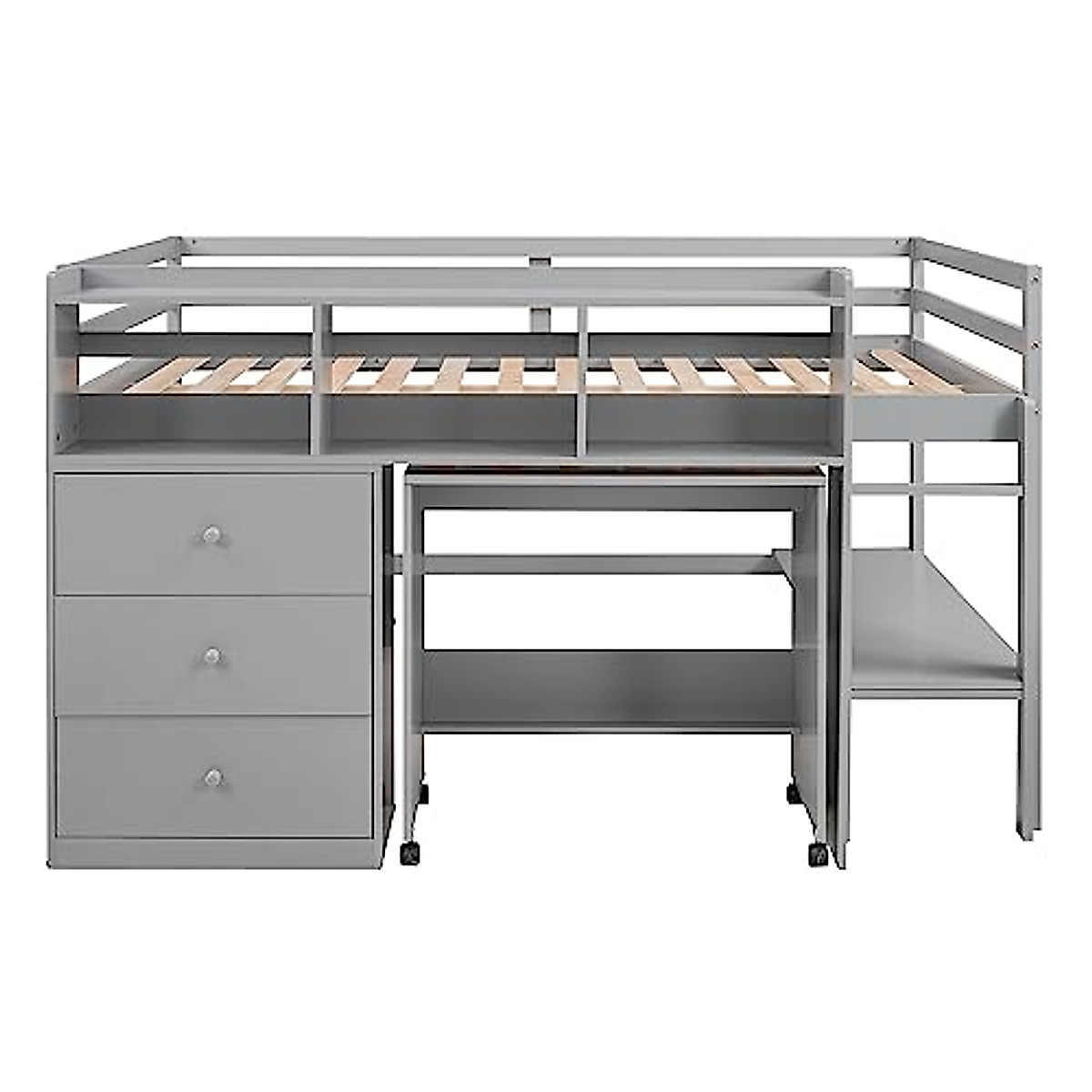 Wooden Full Size Bed Frame Full Size Low Loft Bed with Rolling Portable Desk, Drawers and Shelves, Gray