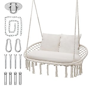 MoNiBloom Double Swing Chair with 3 Cushions for Outside, Large Hanging Macrame Swing Chair for Indoor/Outdoor Relax, Adult Hammock Boho Chair Max 700 lbs Capacity for Porch Balcony Backyard, Beige