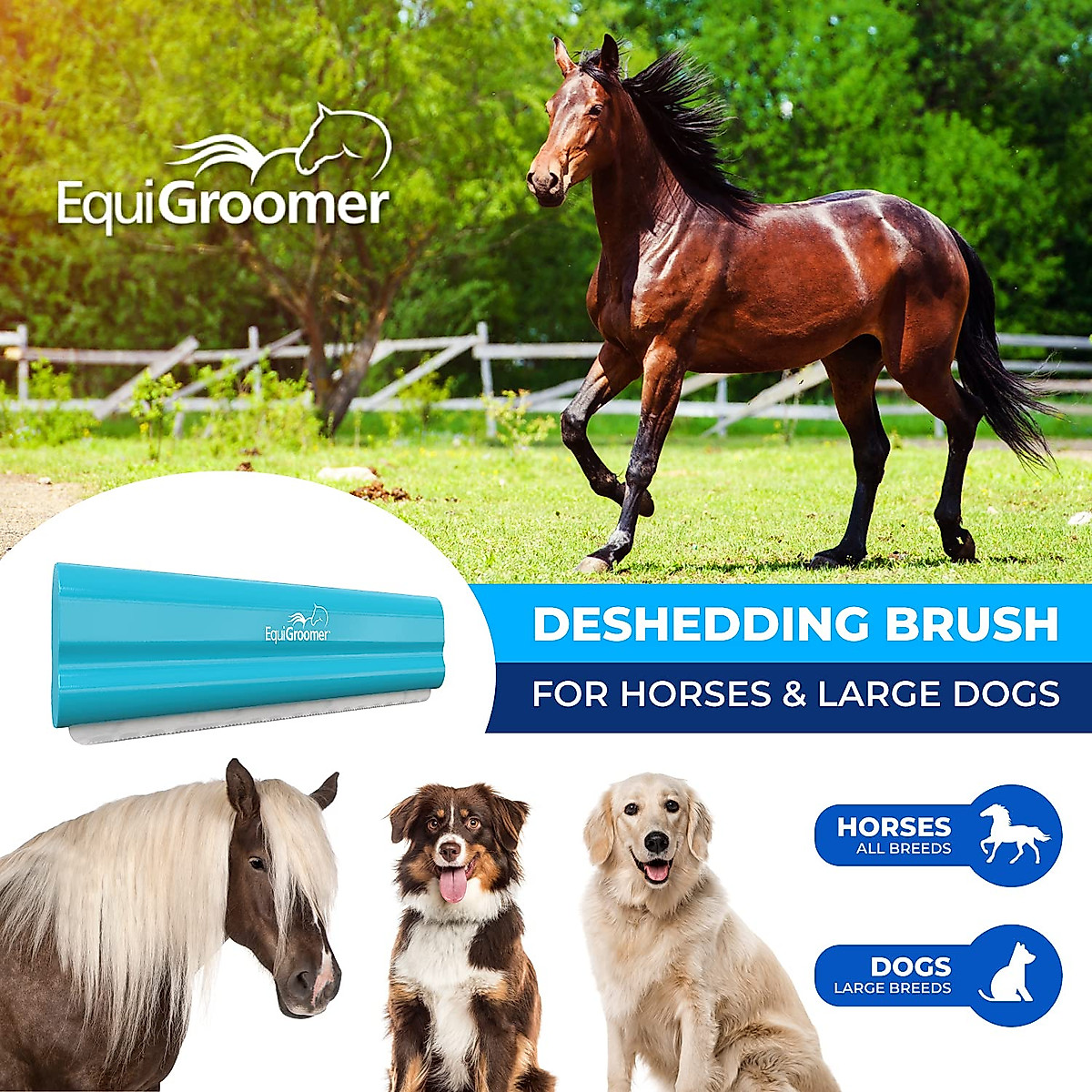 EquiGroomer Deshedding Brush, 8-Inch for Horses and Large Pets, Turquoise, Removes Loose Dirt, Hair, and Fur, Professional Undercoat Grooming Tool