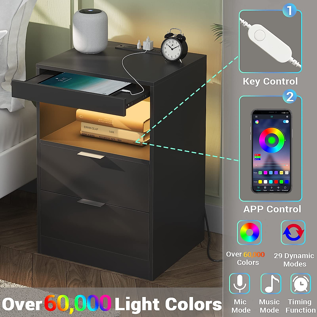 Tiptiper Black Nightstand with Wireless Charging Station and LED Lights, Bedside Table with 2 Drawers, Open Storage, 1 Pull-Out Tray, End Side Table with Charging Station, LED Night Stand with Storage