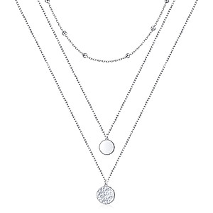 FLYOW Multi Layered Choker Necklace S925 Sterling Silver Coin Beaded Hammered Disc Long Chain Dainty Pendant Necklace for Women
