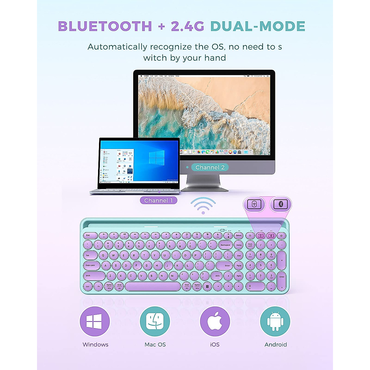 seenda Bluetooth Keyboard for iPad, 2.4G + Bluetooth Multi-Device Typewriter Keyboard with Number Pad, Tablet Holder for iPad Tablet, Andriod Phone, MacBook/Windows PC Desktop, Barbie Purple