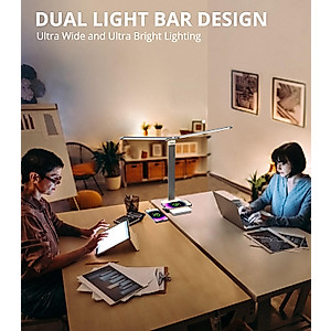 HSicily LED Desk Lamp with Wireless Charger, Double Head Desk Lamps for Home Office, Bright Desk Lamp with USB Charging Port for College Dorm Room, 5 Light Modes Desk Light with Timer, Night Light