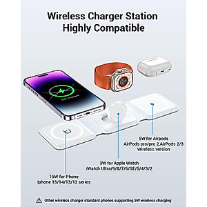 Wireless Charger, Magnetic Foldable 3 in 1 Mag-Safe Charger, Fast Travel Wireless Charging Station for iPhone 15/14/13/12/ Series,for iWatch,for AirPods (Adapter Included)