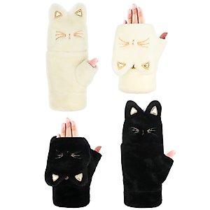 SATINIOR 2 Pairs Winter Gloves Thick Warm Soft Plush Convertible Flip Top Mittens Full Finger Gloves for Women Girls (White, Black, Cat)